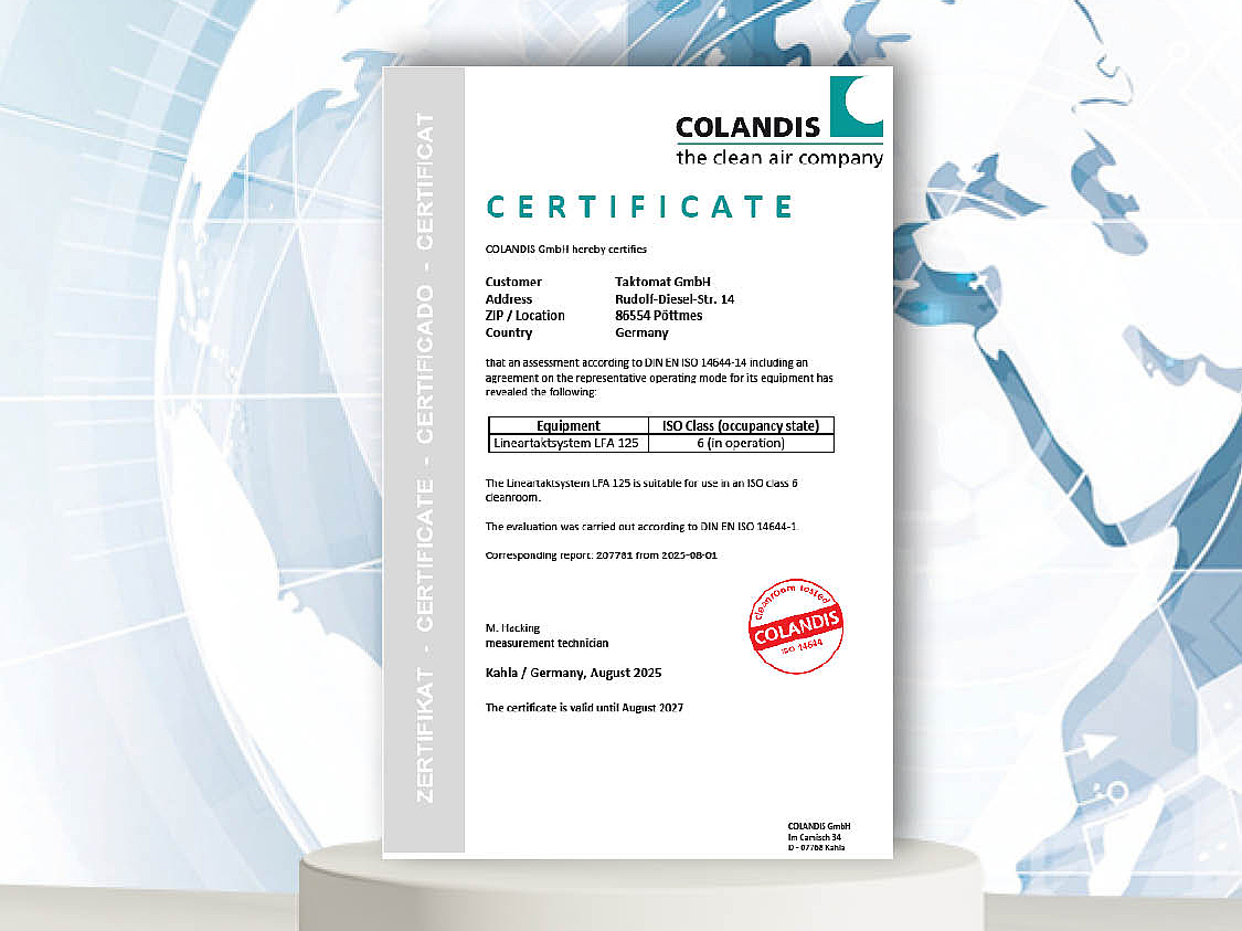 Lineartaktsystem LFA von TAKTOMAT ist Reinraumklasse ISO 6 zertifiziert ...